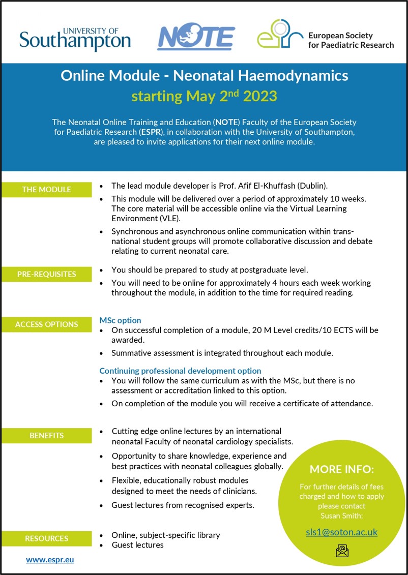 New NOTE Online Module in Neonatal Haemodynamics - European Society for ...